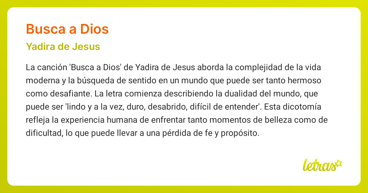 Significado de la canción BUSCA A DIOS (Yadira de Jesus) - LETRAS.COM