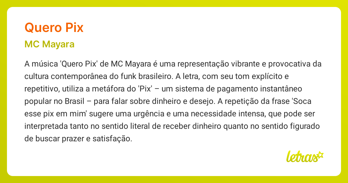 Significado da música QUERO PIX (MC Mayara) - LETRAS.MUS.BR