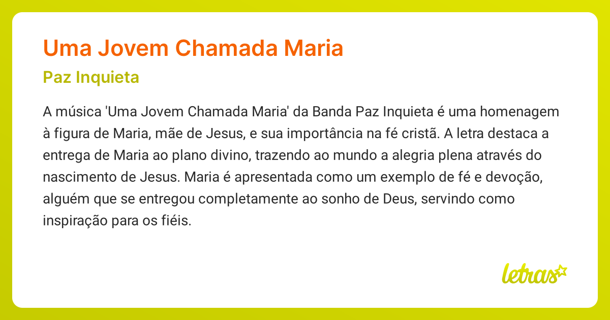Significado da música UMA JOVEM CHAMADA MARIA (Banda Paz Inquieta ...