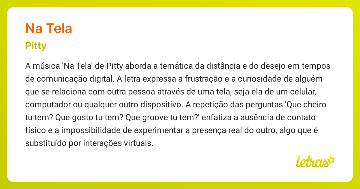 Significado da música NA TELA (Pitty) - LETRAS.MUS.BR