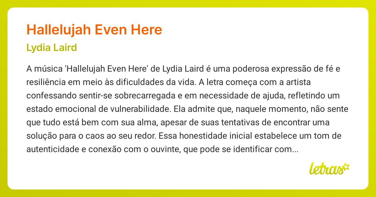 Significado da música HALLELUJAH EVEN HERE (Lydia Laird) - LETRAS.MUS.BR