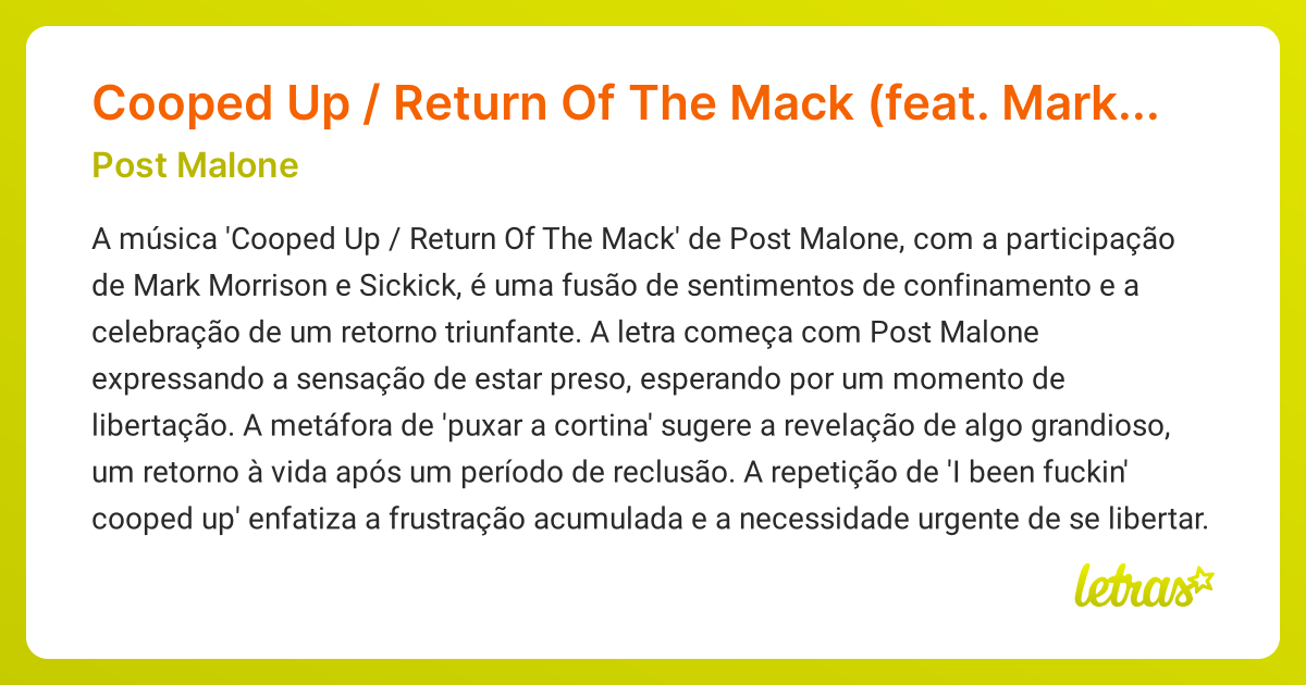 Significado da música Cooped Up / Return Of The Mack (feat. Mark ...
