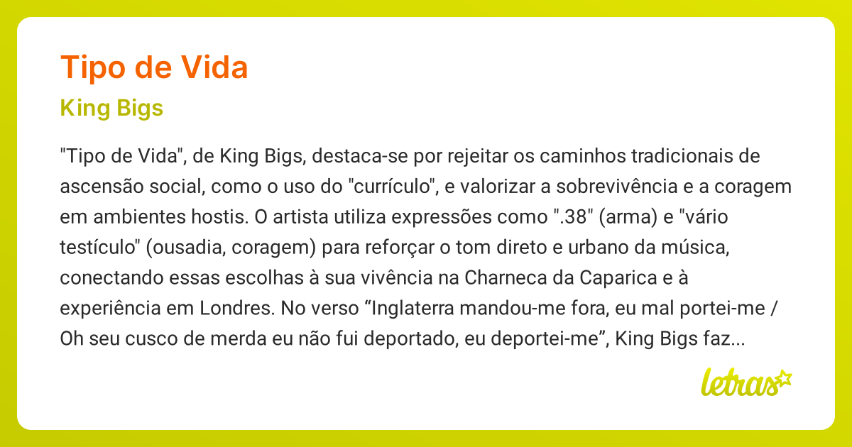 Significado da música TIPO DE VIDA (King Bigs) - LETRAS.MUS.BR