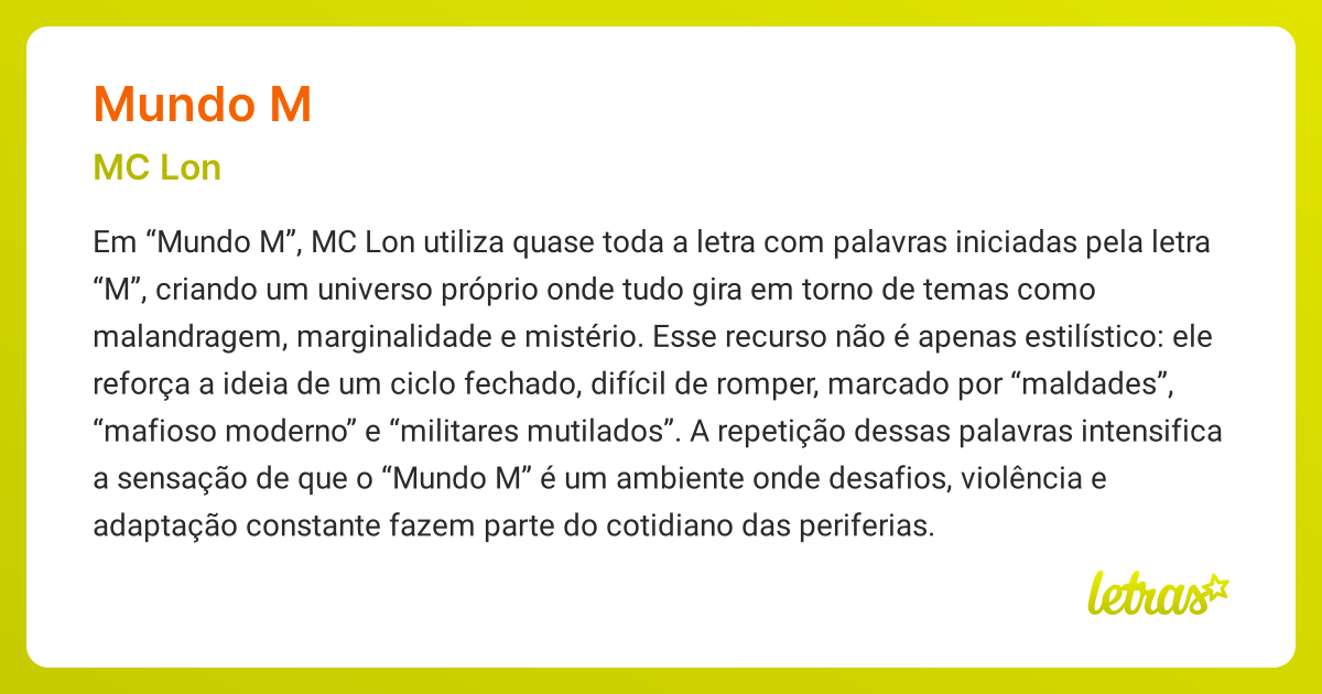 Significado da música MUNDO M (MC Lon) - LETRAS.MUS.BR
