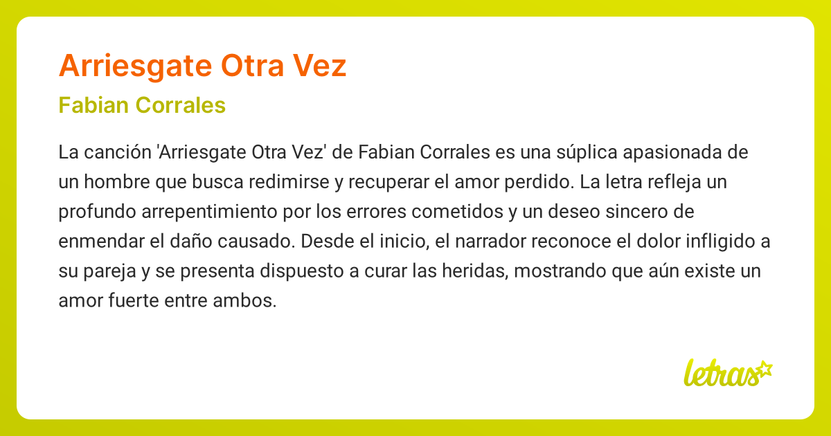 Significado de la canción ARRIESGATE OTRA VEZ (Fabian Corrales ...