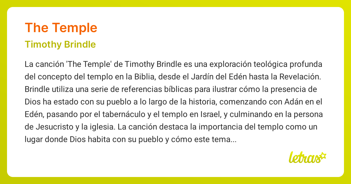 Significado de la canción THE TEMPLE (Timothy Brindle) - LETRAS.COM