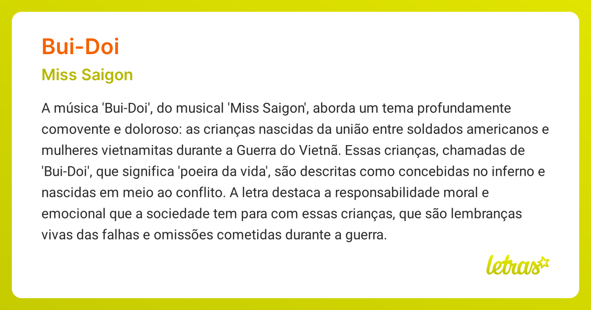 Significado da música BUI-DOI (Miss Saigon) - LETRAS.MUS.BR
