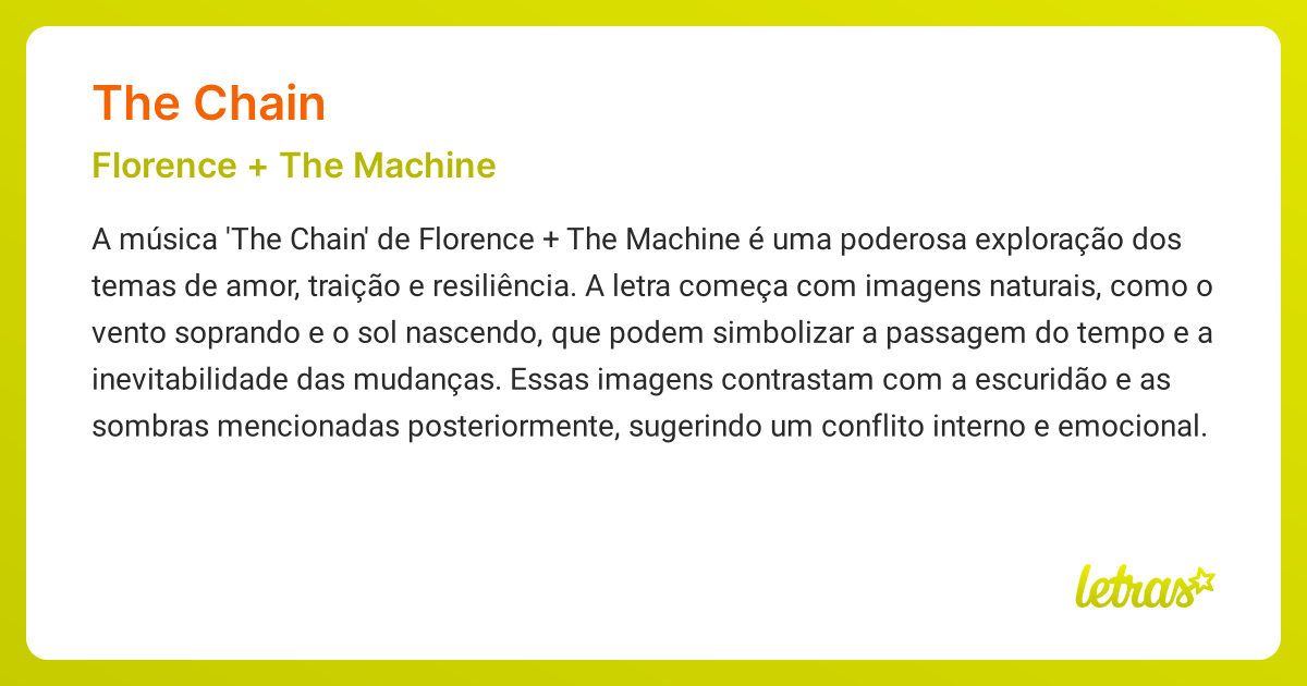 Significado da música THE CHAIN (Florence + The Machine) - LETRAS.MUS.BR