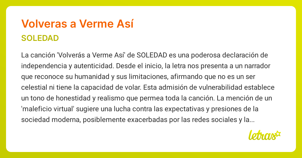 Significado de la canción VOLVERAS A VERME ASÍ (SOLEDAD) - LETRAS.COM