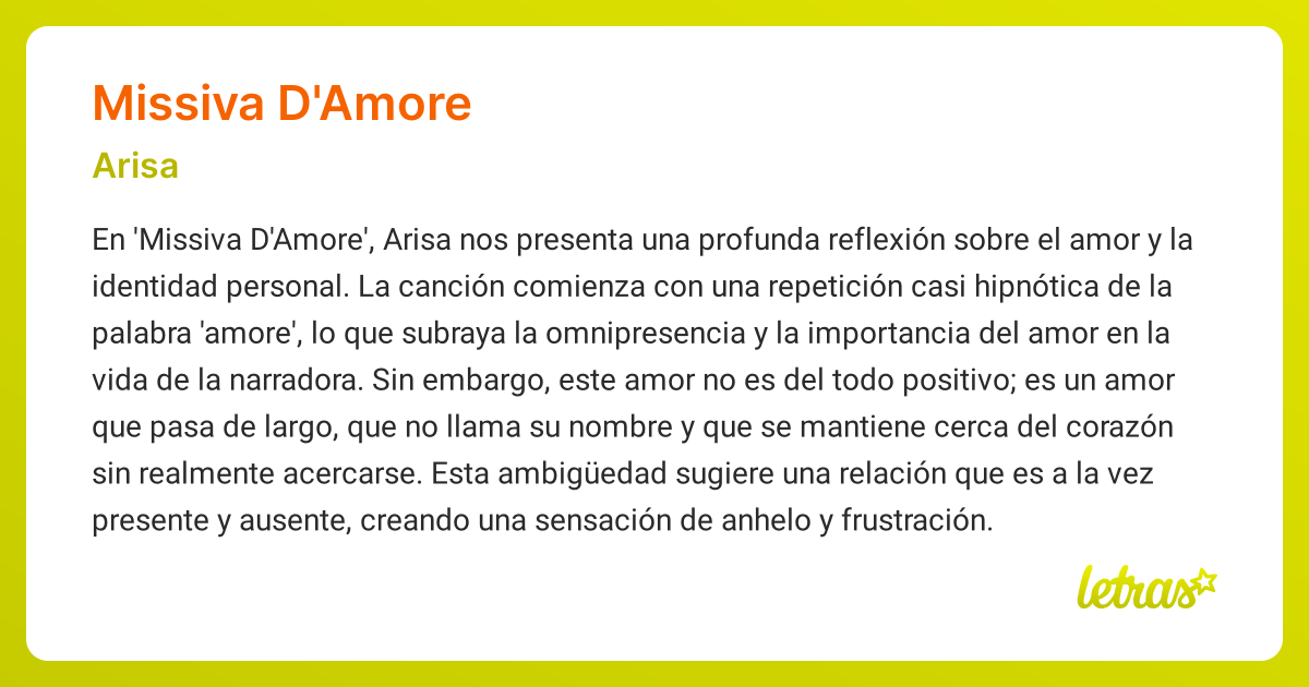 Significado de la canción MISSIVA D'AMORE (Arisa) - LETRAS.COM