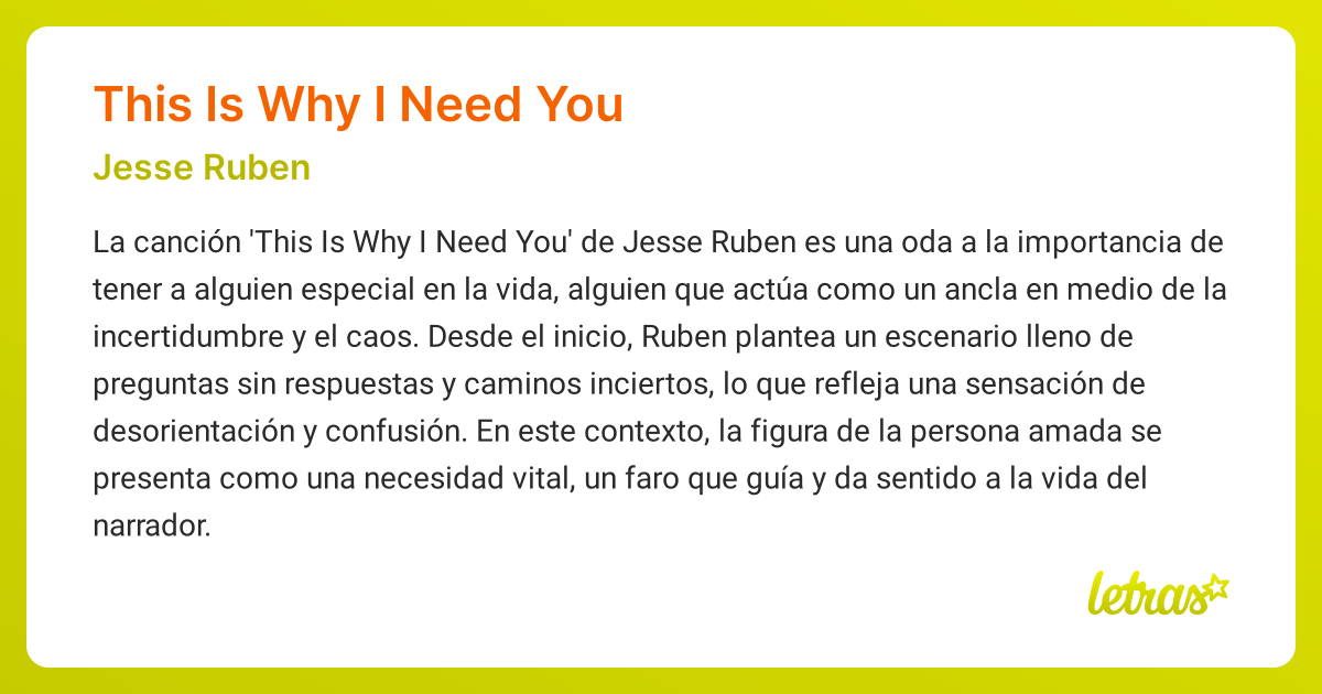 Significado de la canción THIS IS WHY I NEED YOU (Jesse Ruben) - LETRAS.COM