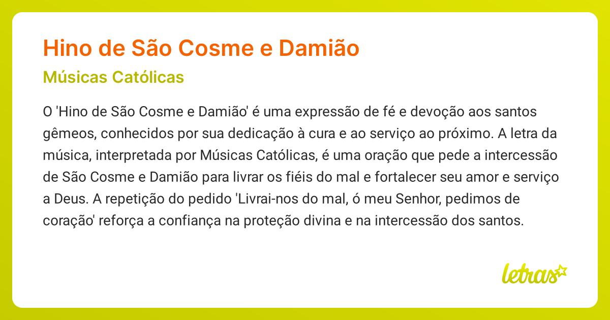 Significado da música HINO DE SÃO COSME E DAMIÃO (Músicas Católicas ...