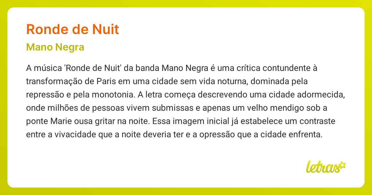 Significado da música RONDE DE NUIT (Mano Negra) - LETRAS.MUS.BR
