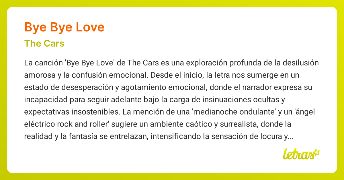 Significado de la canción BYE BYE LOVE (The Cars) - LETRAS.COM