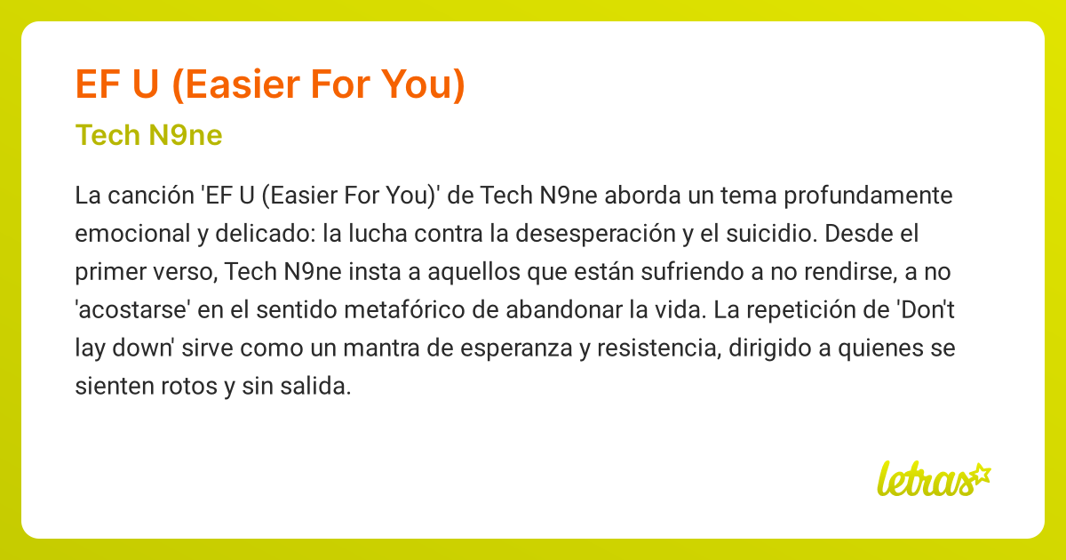 Significado de la canción EF U (EASIER FOR YOU) (Tech N9ne) - LETRAS.COM