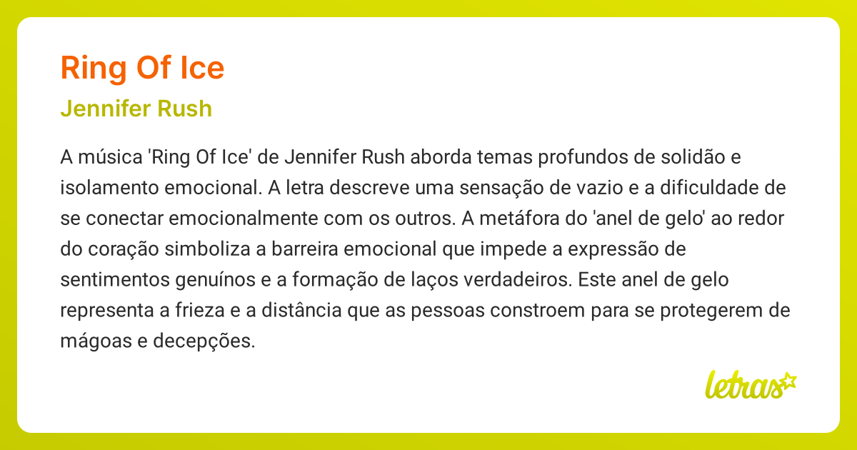 Significado da música RING OF ICE (Jennifer Rush) - LETRAS.MUS.BR