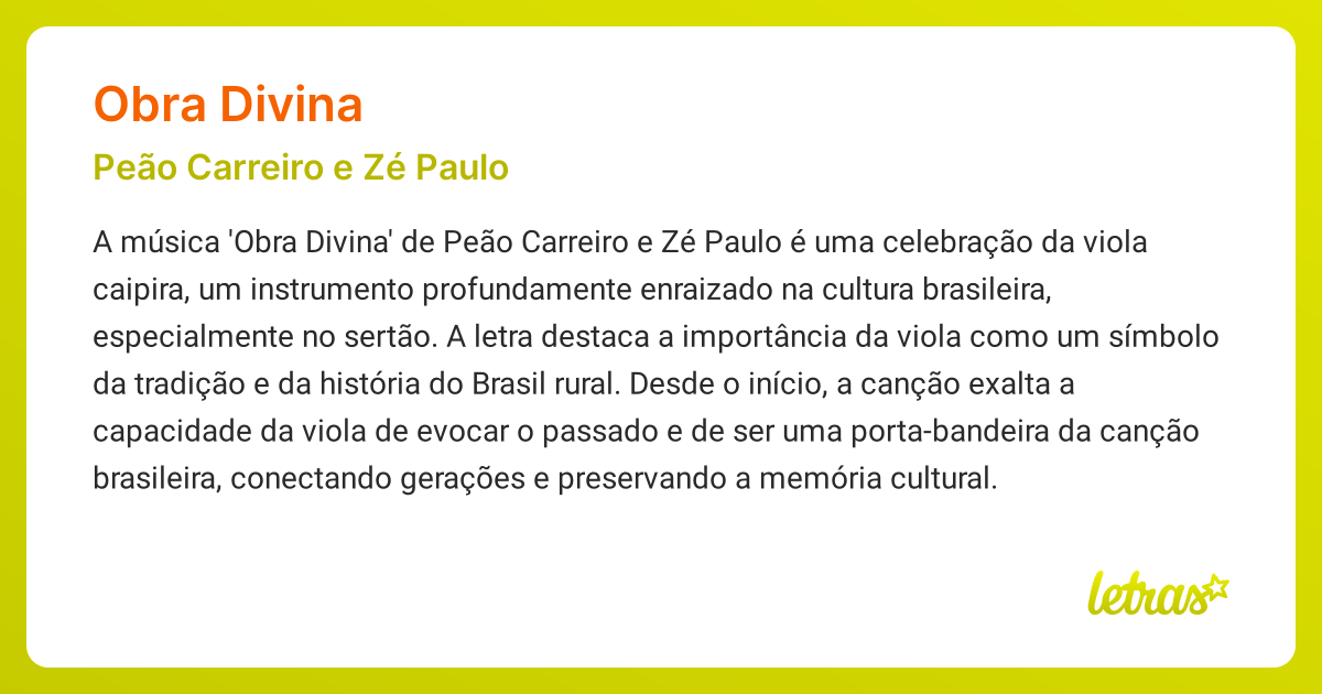 Significado da música OBRA DIVINA (Peão Carreiro e Zé Paulo) - LETRAS ...