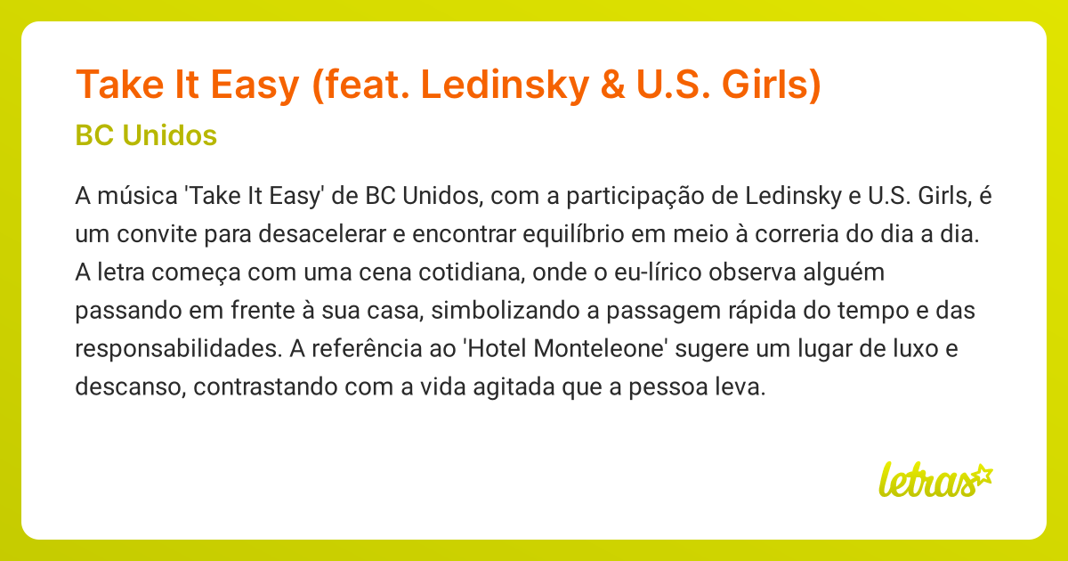 Significado da música Take It Easy (feat. Ledinsky & U.S. Girls) (BC ...
