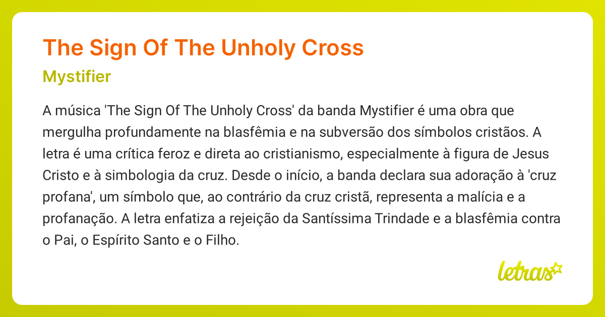 Significado da música THE SIGN OF THE UNHOLY CROSS (Mystifier) - LETRAS ...
