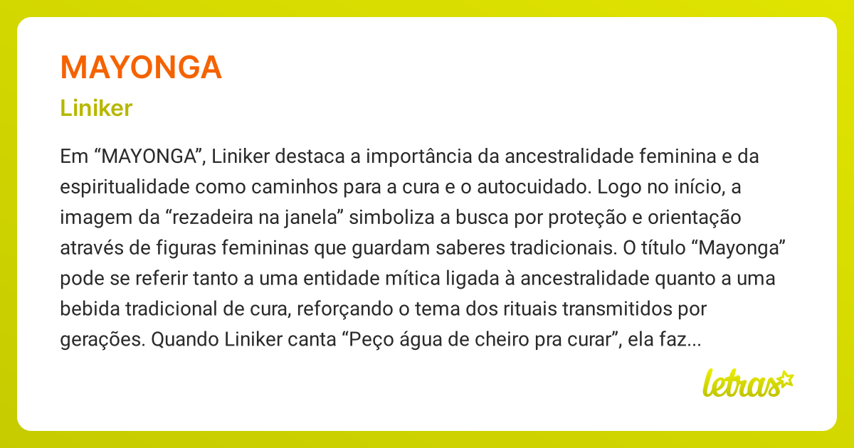 Significado da música MAYONGA (Liniker) - LETRAS.MUS.BR