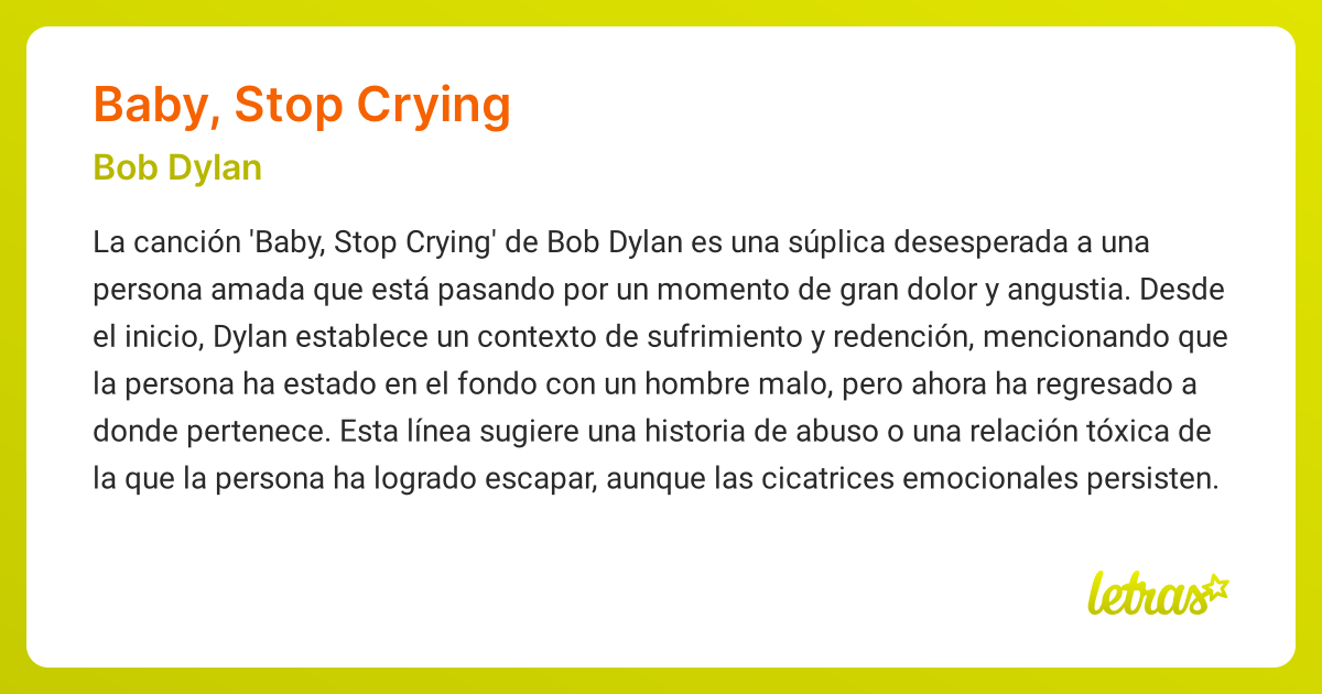 Significado de la canción BABY, STOP CRYING (Bob Dylan) - LETRAS.COM