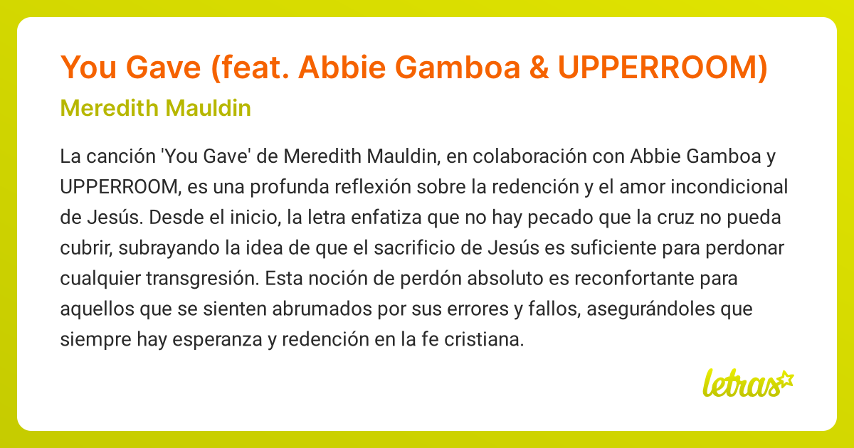 Significado de la canción You Gave (feat. Abbie Gamboa & UPPERROOM ...