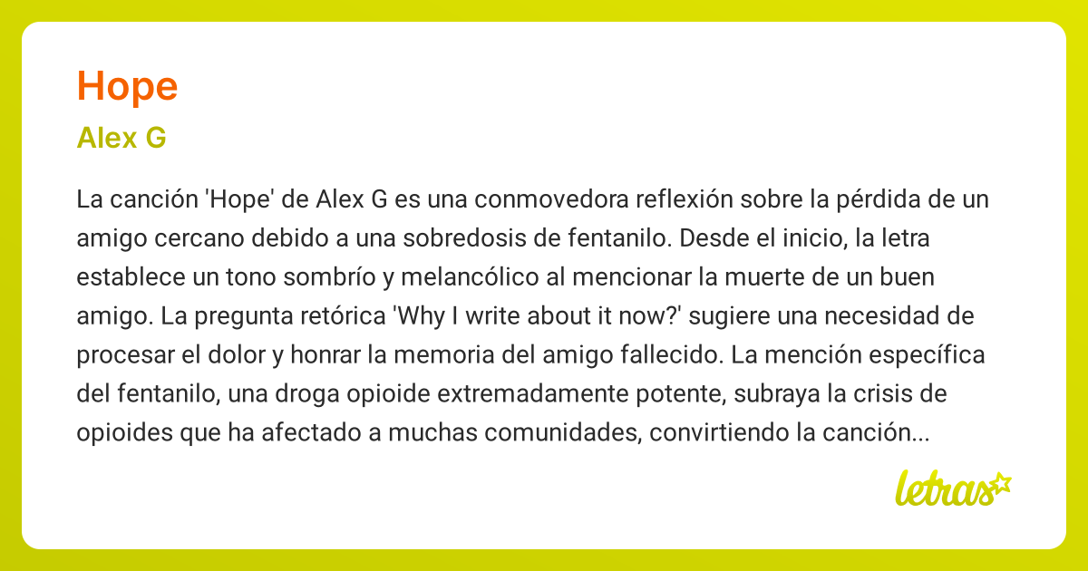 Significado de la canción HOPE (Alex G) - LETRAS.COM