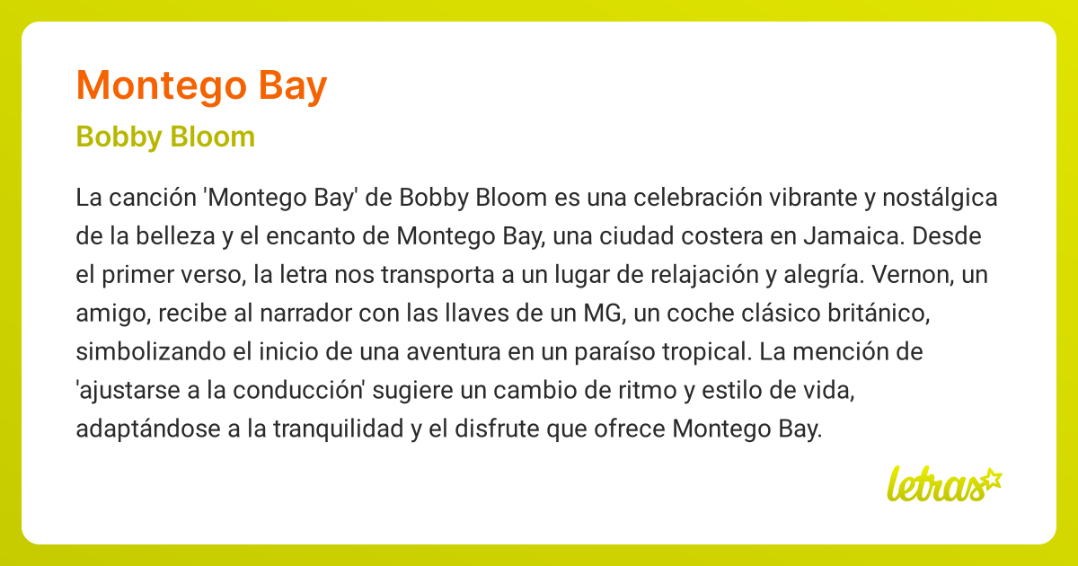 Significado de la canción MONTEGO BAY (Bobby Bloom) - LETRAS.COM