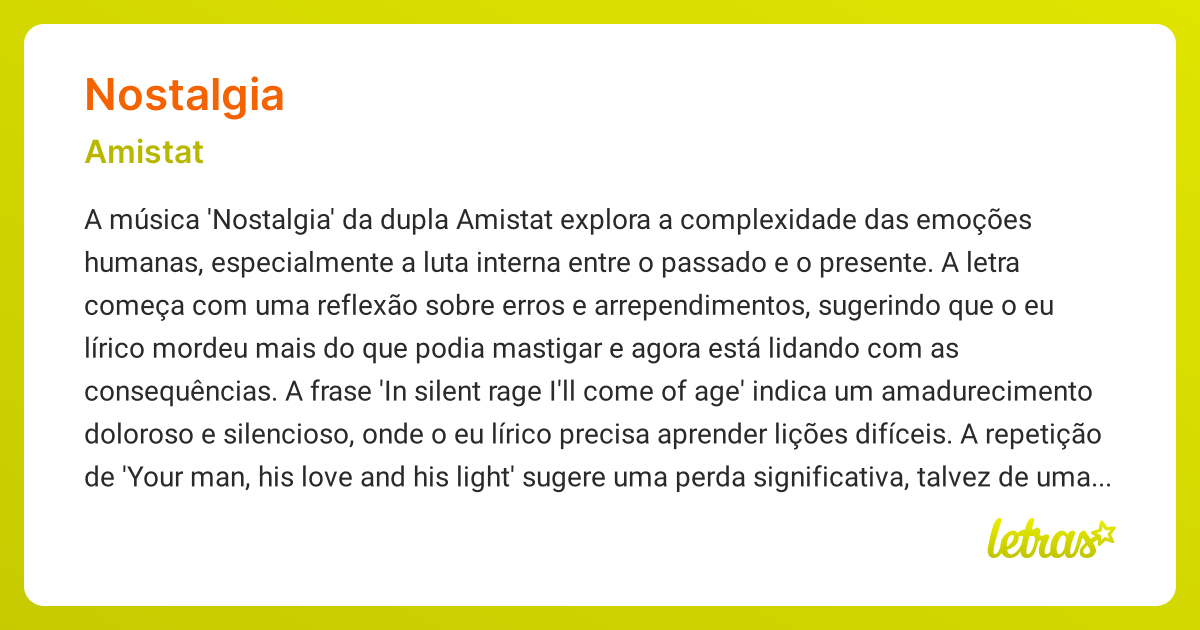 Significado da música NOSTALGIA (Amistat) - LETRAS.MUS.BR