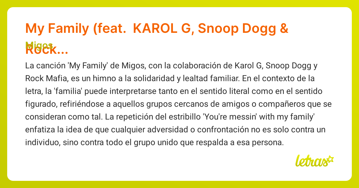 Significado de la canción My Family (feat. KAROL G, Snoop Dogg & Rock ...