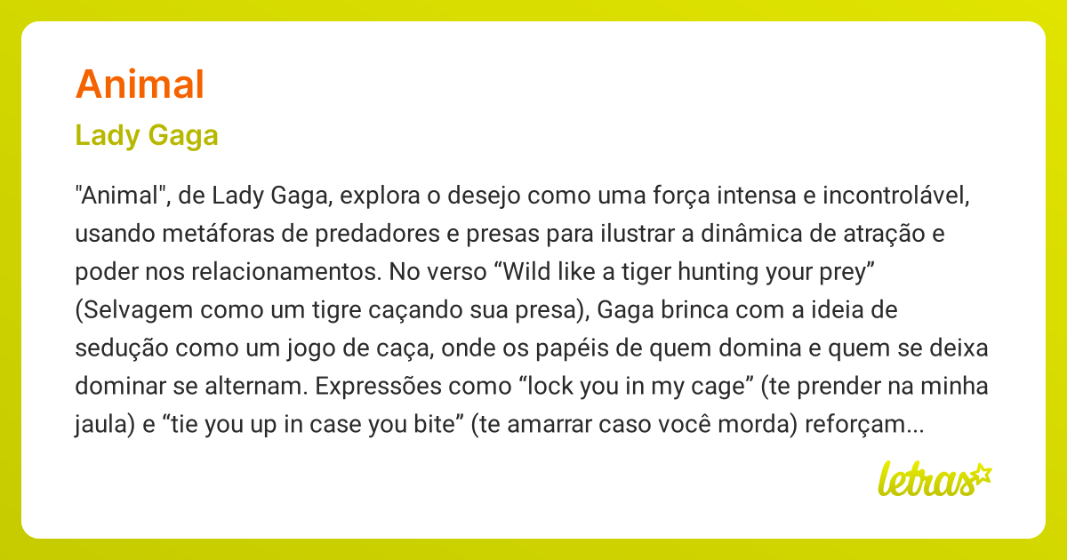 Significado da música ANIMAL (Lady Gaga) - LETRAS.MUS.BR