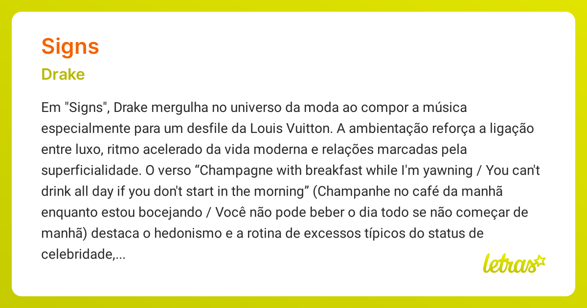 Significado da música SIGNS (Drake) - LETRAS.MUS.BR