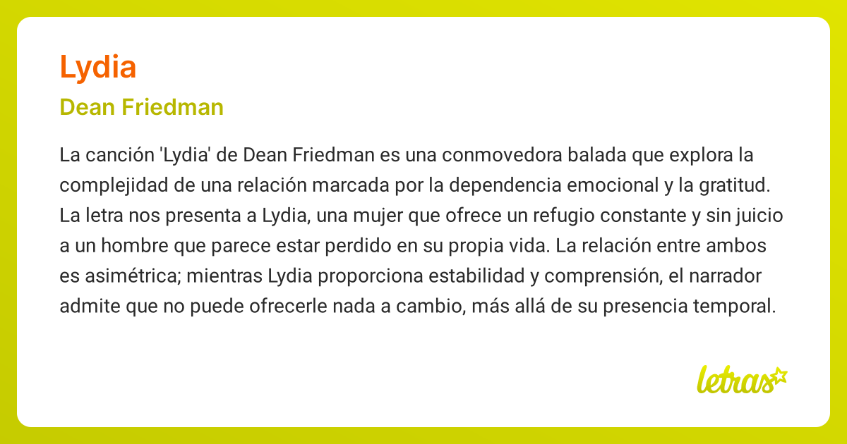 Significado de la canción LYDIA (Dean Friedman) - LETRAS.COM