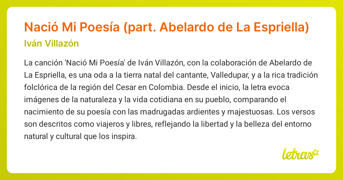 Significado de la canción Nació Mi Poesía (part. Abelardo de La Espriella) (Iván Villazón ...