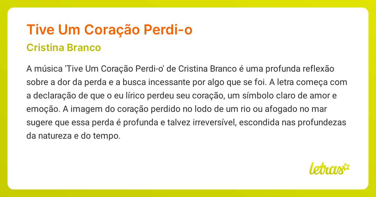 Significado da música TIVE UM CORAÇÃO PERDI-O (Cristina Branco ...