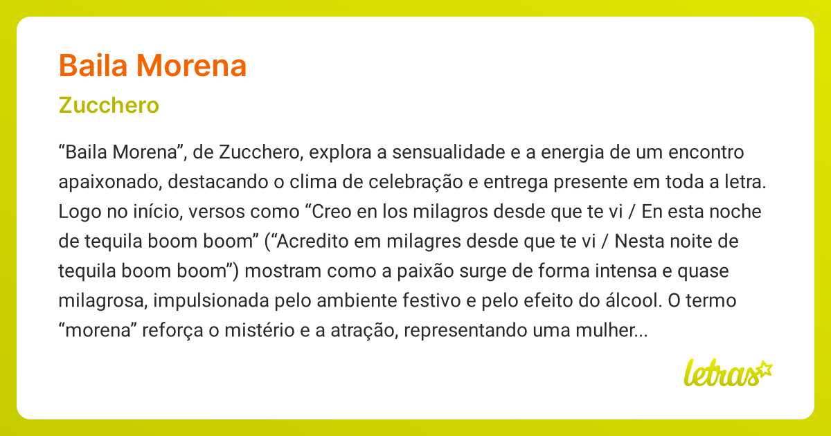 Significado da música BAILA MORENA (Zucchero) - LETRAS.MUS.BR