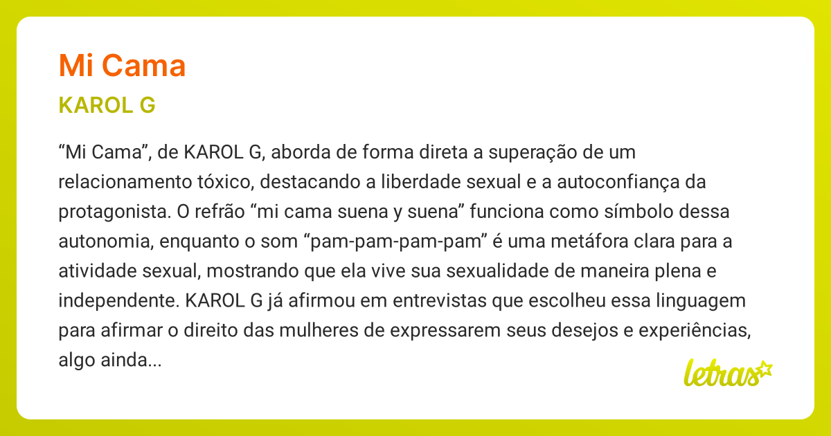 Significado da música MI CAMA (KAROL G) - LETRAS.MUS.BR