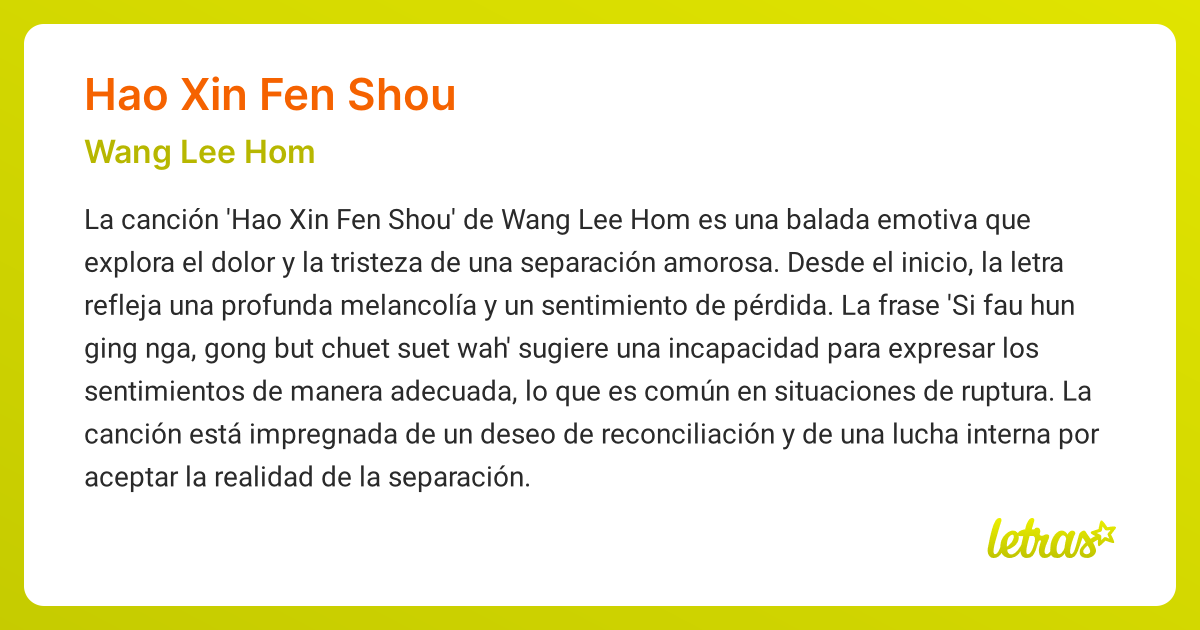 Significado de la canción HAO XIN FEN SHOU (Wang Lee Hom) - LETRAS.COM