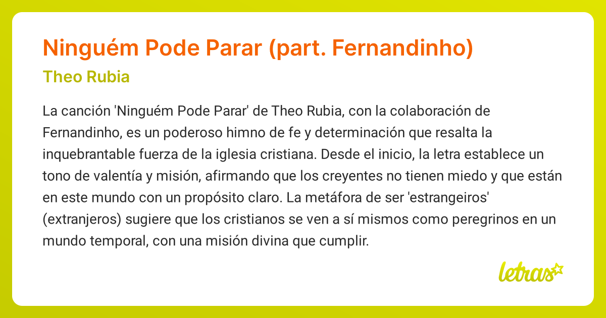 Significado de la canción Ninguém Pode Parar (part. Fernandinho) (Theo ...