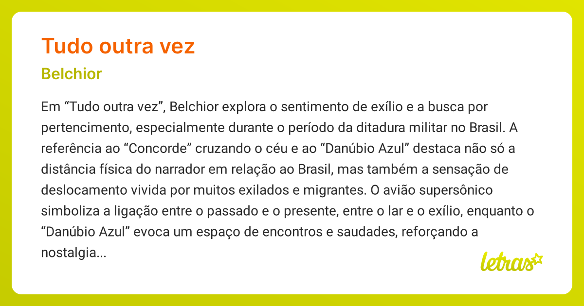 Significado da música TUDO OUTRA VEZ (Belchior) - LETRAS.MUS.BR