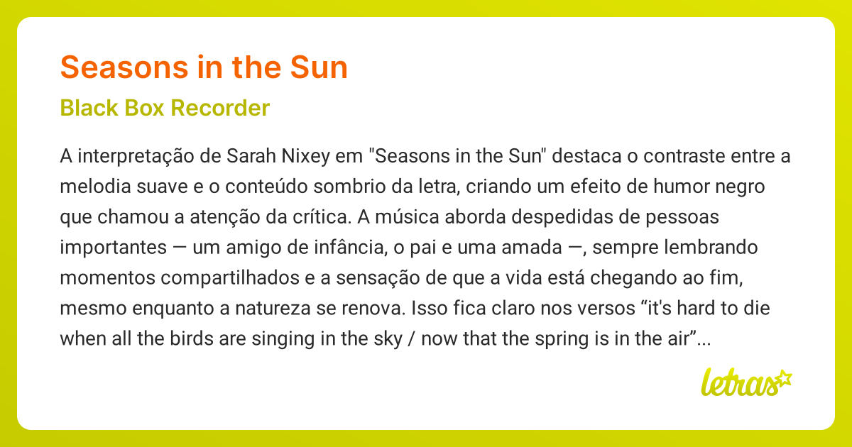 Significado da música SEASONS IN THE SUN (Black Box Recorder) - LETRAS ...