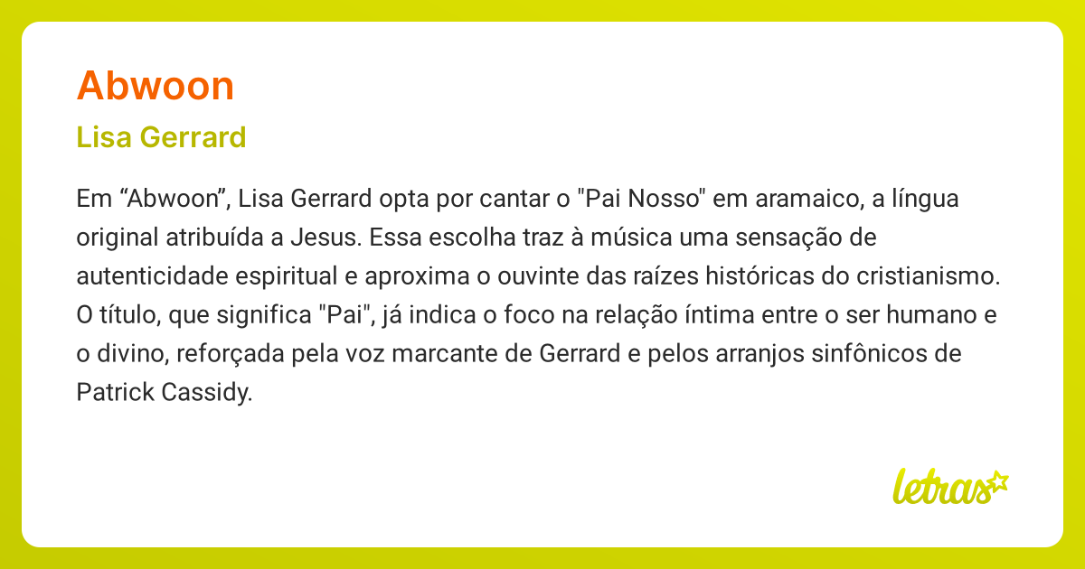 Significado da música ABWOON (Lisa Gerrard) - LETRAS.MUS.BR