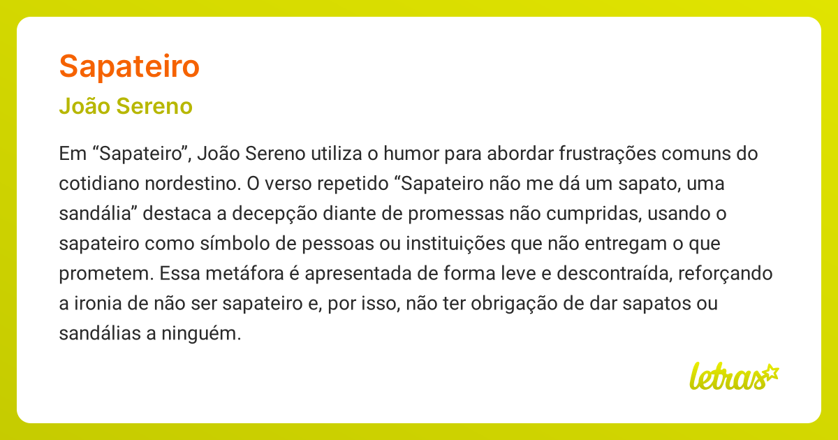Significado da música SAPATEIRO (João Sereno) - LETRAS.MUS.BR