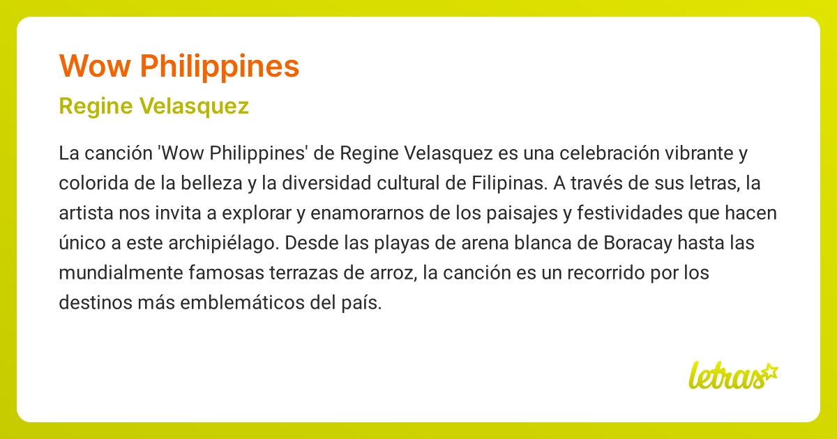 Significado de la canción WOW PHILIPPINES (Regine Velasquez) - LETRAS.COM