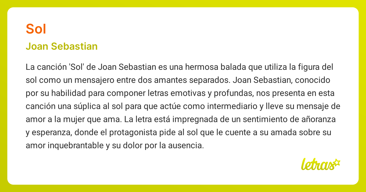 Significado de la canción SOL (Joan Sebastian) - LETRAS.COM