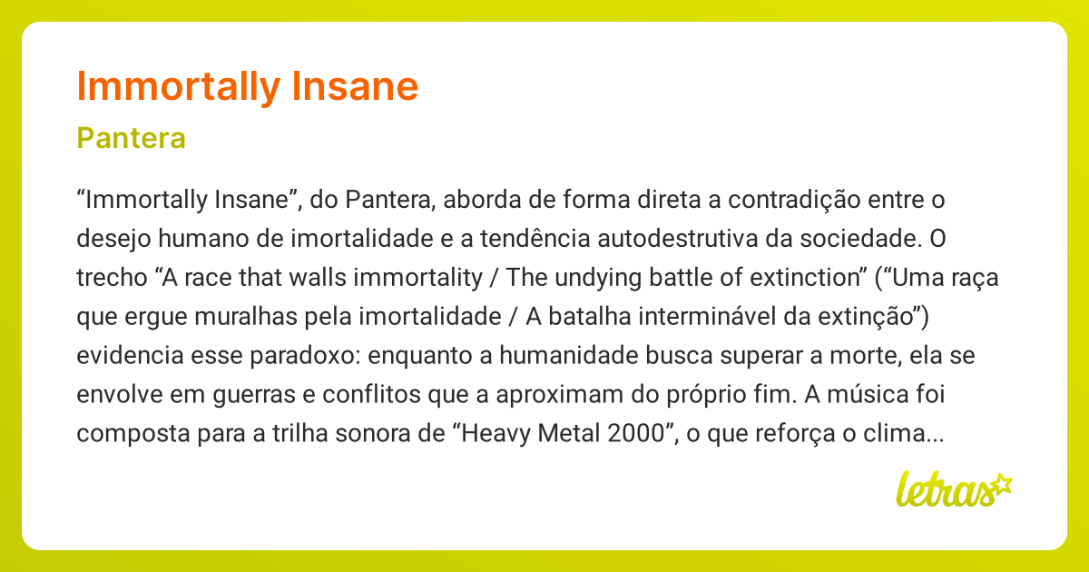Significado da música IMMORTALLY INSANE (Pantera) - LETRAS.MUS.BR