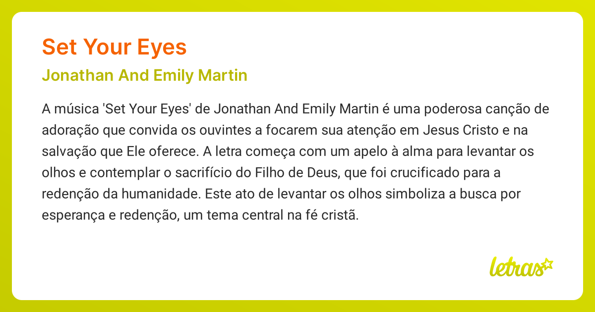 Significado da música SET YOUR EYES (Jonathan And Emily Martin ...
