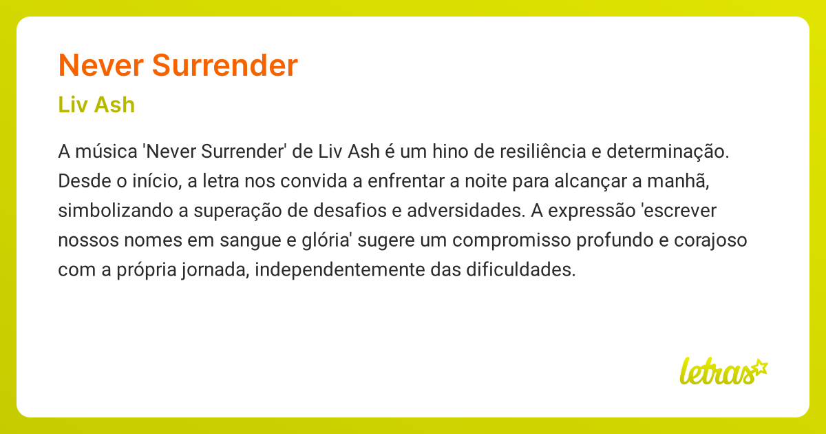 Significado da música NEVER SURRENDER (Liv Ash) - LETRAS.MUS.BR