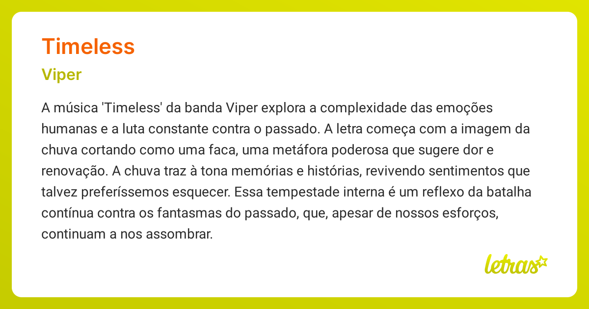 Significado da música TIMELESS (Viper) - LETRAS.MUS.BR