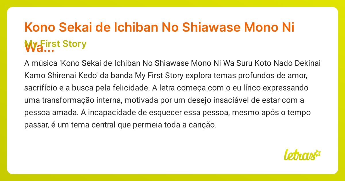 Significado da música Kono Sekai de Ichiban No Shiawase Mono Ni Wa Suru ...